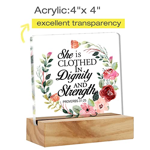 Bible Verse She is Clothed in Dignity and Strength Desk Decor Acrylic Desk Sign Inspirational Scripture Christian Acrylic Plaque Home Office Desk Shelf Decoration 4.7"x4.7"