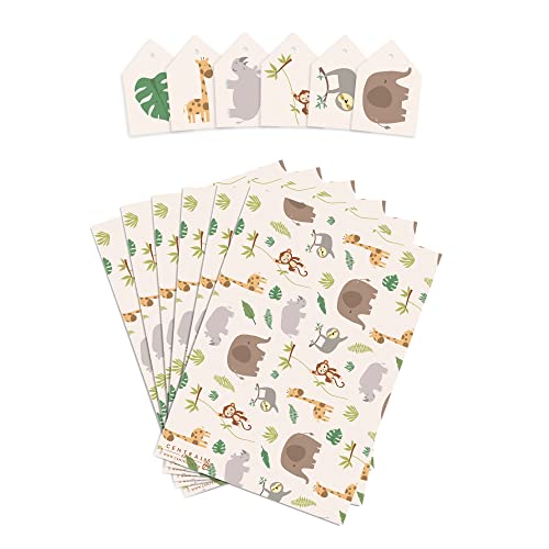 CENTRAL 23 Baby Animal Wrapping Paper - 6 Neutral Gift Wrap Sheets - Monkey Elephant Giraffe - For Birthday Baby Shower Boys Girls - Comes With Fun Stickers - Recyclable