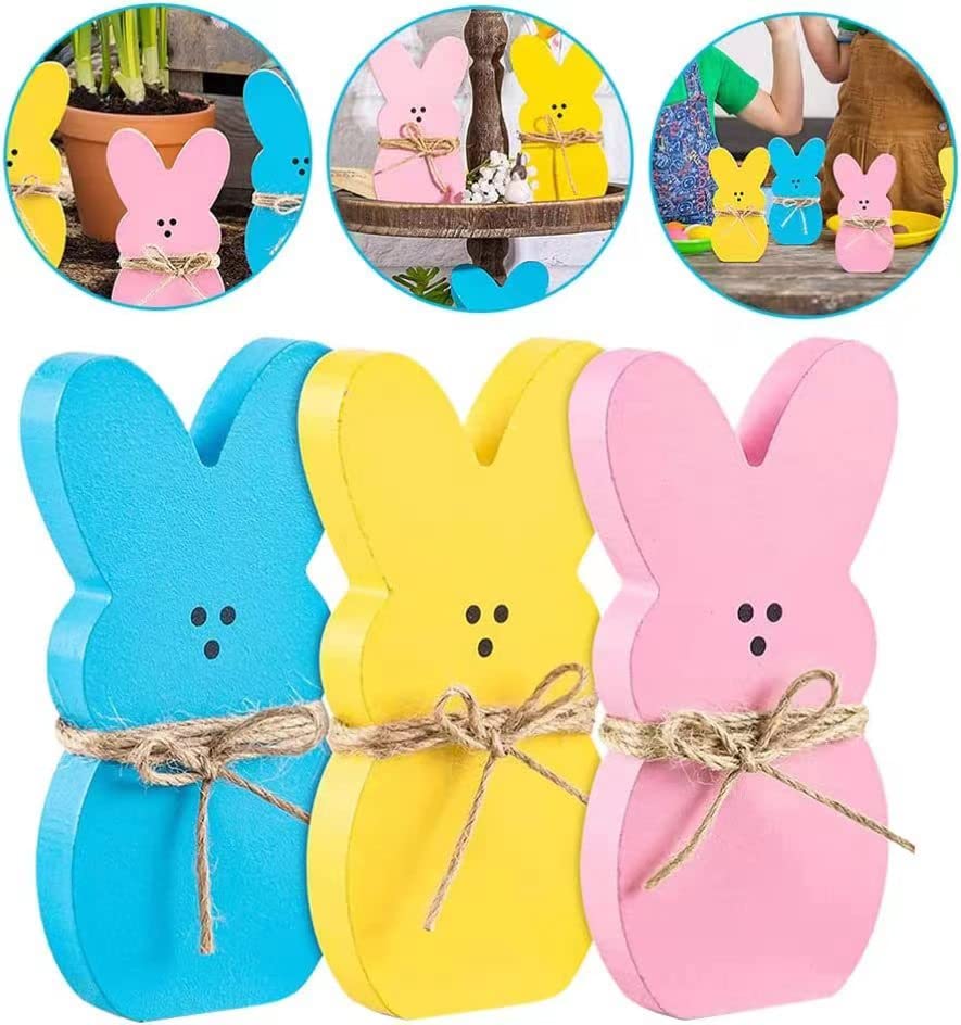 Easter Bunny Decor, 3 Pcs Easter Decorations for the Home, Decorative Wooden Easter Rabbit Peeps Wooden Signs for Tiered Tray