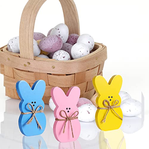 Easter Bunny Decor, 3 Pcs Easter Decorations for the Home, Decorative Wooden Easter Rabbit Peeps Wooden Signs for Tiered Tray