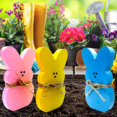 Easter Bunny Decor, 3 Pcs Easter Decorations for the Home, Decorative Wooden Easter Rabbit Peeps Wooden Signs for Tiered Tray