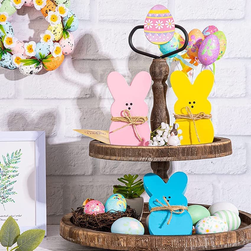 Easter Bunny Decor, 3 Pcs Easter Decorations for the Home, Decorative Wooden Easter Rabbit Peeps Wooden Signs for Tiered Tray