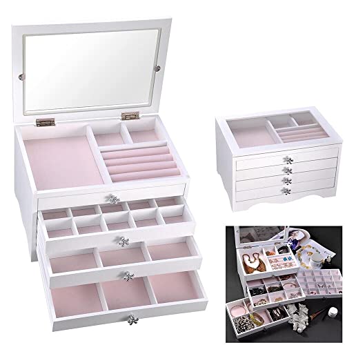 Ampersand Shops Elegant Jewelry Chest Box Storage Organizer with Mini Drawers and Mirror for Rings, Earrings, Bracelets and Necklaces (White))