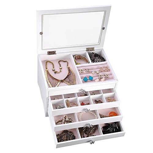 Ampersand Shops Elegant Jewelry Chest Box Storage Organizer with Mini Drawers and Mirror for Rings, Earrings, Bracelets and Necklaces (White))