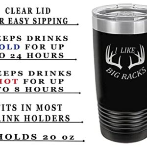 Rogue River Tactical Funny Hunting 20 Oz. Travel Tumbler Mug Cup w/Lid Vacuum Insulated Hot or Cold I Like Big Racks Hunter Gift (Black)