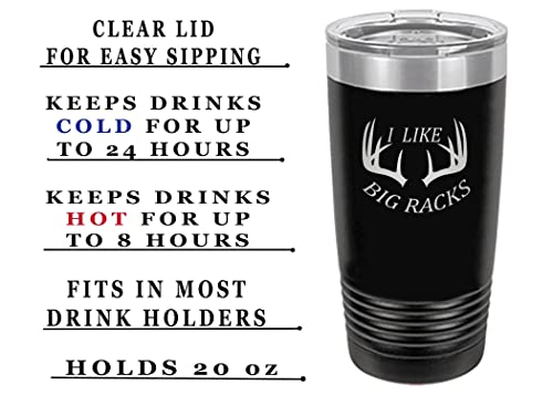 Rogue River Tactical Funny Hunting 20 Oz. Travel Tumbler Mug Cup w/Lid Vacuum Insulated Hot or Cold I Like Big Racks Hunter Gift (Black)