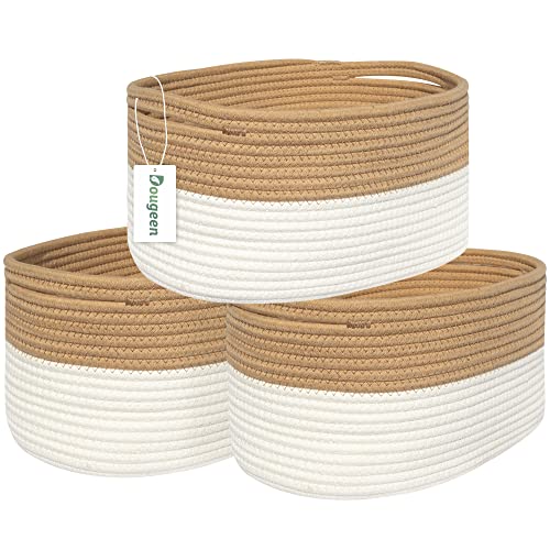 Dougeen Woven Rope Baskets for Storage Organization,Small Rope Baskets for Shelves,Cute Basket for Cube Storage,Woven Rope Basket for Nursery Toy Organizing,Bookcase Rope Basket,Oval Brown&white Set 3