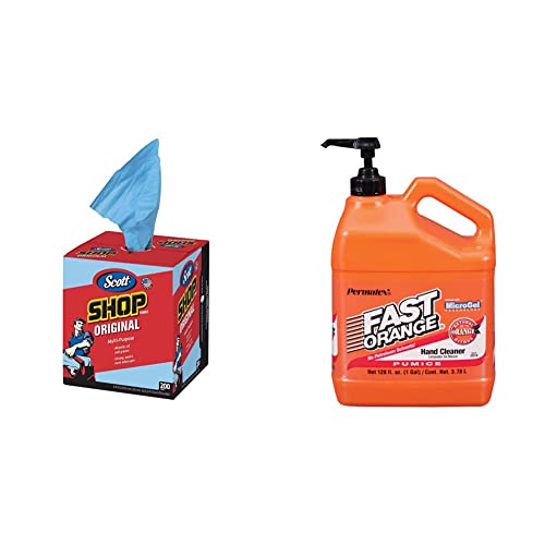 Scott Blue Shop Towels in a Box - 200 Sheets & Permatex 25219 Fast Orange Pumice Lotion Hand Cleaner with Pump, 1 Gallon