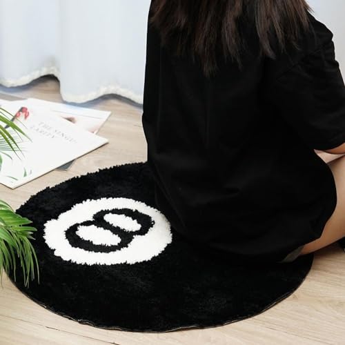 8 Ball Black Area Rug, Soft & Fluffy Billiard Pool Eight Ball Carpet Non-Slip Flocking Floor Rug for Living Dining Dorm Room Bedroom Decor