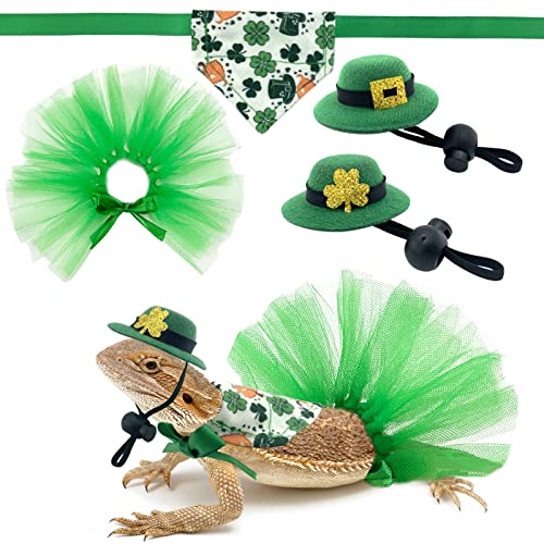 Vehomy 4Pcs Saint Patrick's Day Bearded Dragon Hats Tutu Skirt Outfit Lizard Bowler Hat with Shamrock Décor Small Pet St Patrick's Day Tutu Accessories Costume for Lizard Hamster Leopard Gecko