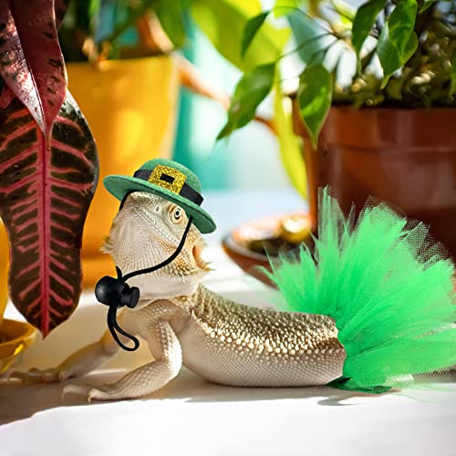 Vehomy 4Pcs Saint Patrick's Day Bearded Dragon Hats Tutu Skirt Outfit Lizard Bowler Hat with Shamrock Décor Small Pet St Patrick's Day Tutu Accessories Costume for Lizard Hamster Leopard Gecko