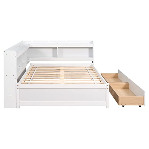 DEINPPA Full Size Platform Bed with L-Shaped Bookcase and 2 Drawers, Wooden Captain Bed Frame with Bookcase Headboard for Kids Teens Adult Boys Girls, No Box Spring Needed, White