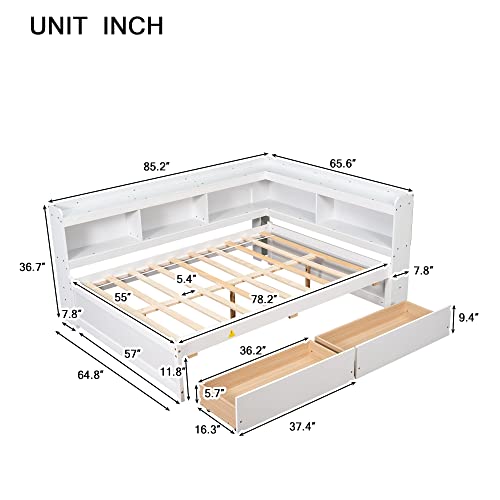 DEINPPA Full Size Platform Bed with L-Shaped Bookcase and 2 Drawers, Wooden Captain Bed Frame with Bookcase Headboard for Kids Teens Adult Boys Girls, No Box Spring Needed, White