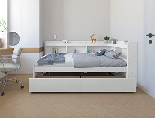 DEINPPA Full Size Platform Bed with L-Shaped Bookcase and 2 Drawers, Wooden Captain Bed Frame with Bookcase Headboard for Kids Teens Adult Boys Girls, No Box Spring Needed, White