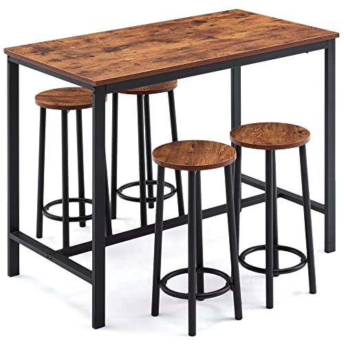 5 Piece Bar Table Set, 43.3” Industrial Dining Table Set, Counter Height Table with Bar Stools Set of 5, Kitchen Breakfast Table and Chairs for Dining Room, Living Room, Apartment