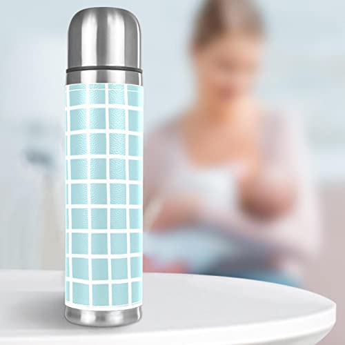 Turquoise Grid Plaid Pattern Stainless Steel Water Bottle Leak-Proof, Double Walled Vacuum Insulated Flask Thermos Cup Travel Mug 17 OZ