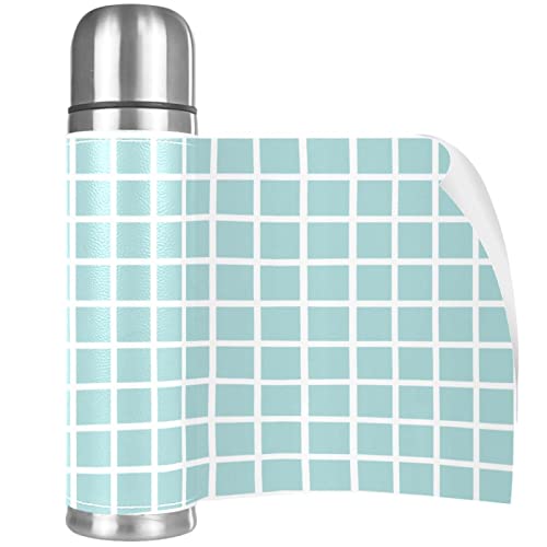 Turquoise Grid Plaid Pattern Stainless Steel Water Bottle Leak-Proof, Double Walled Vacuum Insulated Flask Thermos Cup Travel Mug 17 OZ