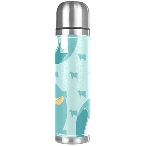 Cow Heads and Milk Jug Stainless Steel Water Bottle, Leak-Proof Travel Thermos Mug, Double Walled Vacuum Insulated Flask 17 OZ