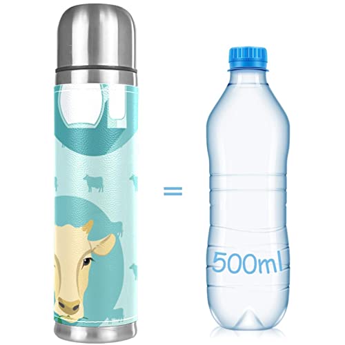 Cow Heads and Milk Jug Stainless Steel Water Bottle, Leak-Proof Travel Thermos Mug, Double Walled Vacuum Insulated Flask 17 OZ