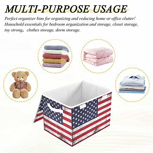 innewgogo American Flag Grunge Style Storage Bins with Lids for Organizing Organizer Containers with Handles Oxford Cloth Storage Cube Box for Living Room