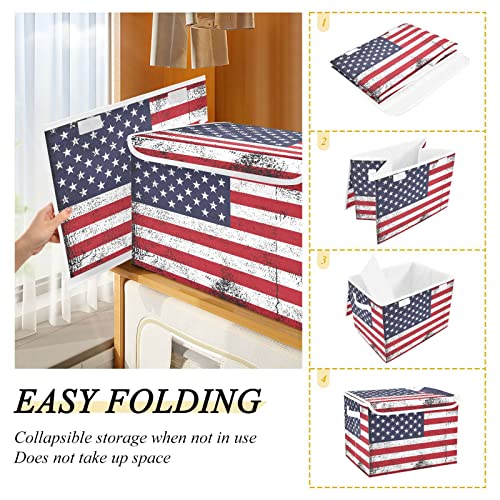 innewgogo American Flag Grunge Style Storage Bins with Lids for Organizing Organizer Containers with Handles Oxford Cloth Storage Cube Box for Living Room