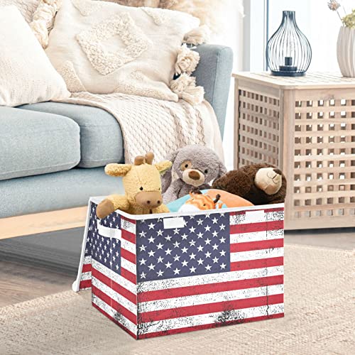 innewgogo American Flag Grunge Style Storage Bins with Lids for Organizing Organizer Containers with Handles Oxford Cloth Storage Cube Box for Living Room