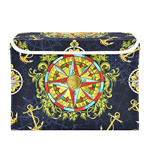 innewgogo Nautical Compass Anchor Storage Bins with Lids for Organizing Organizer Basket with Lid with Handles Oxford Cloth Storage Cube Box for Cat Toys