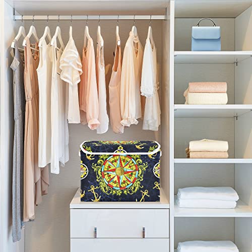 innewgogo Nautical Compass Anchor Storage Bins with Lids for Organizing Organizer Basket with Lid with Handles Oxford Cloth Storage Cube Box for Cat Toys