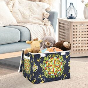 innewgogo Nautical Compass Anchor Storage Bins with Lids for Organizing Organizer Basket with Lid with Handles Oxford Cloth Storage Cube Box for Cat Toys