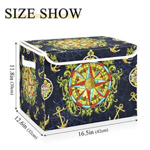 innewgogo Nautical Compass Anchor Storage Bins with Lids for Organizing Organizer Basket with Lid with Handles Oxford Cloth Storage Cube Box for Cat Toys