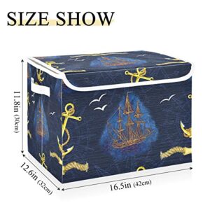 innewgogo Golden Anchor Sailing Ship Storage Bins with Lids for Organizing Cube Cubby with Handles Oxford Cloth Storage Cube Box for Car