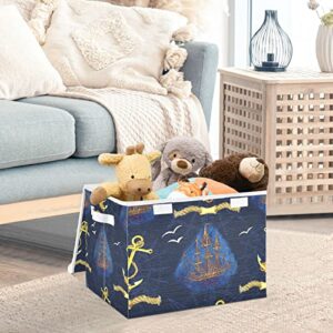 innewgogo Golden Anchor Sailing Ship Storage Bins with Lids for Organizing Cube Cubby with Handles Oxford Cloth Storage Cube Box for Car