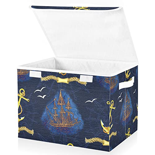 innewgogo Golden Anchor Sailing Ship Storage Bins with Lids for Organizing Cube Cubby with Handles Oxford Cloth Storage Cube Box for Car