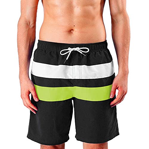 Mens Shorts, Swim Trunks Swimming Black Floral Bathing Suit Shorts with Pockets Men's Summer Casual Stripe Beach Pants Sports Quick Dry Shorts Swimming Swim Long Short Shorts Swim (L, Yellow)