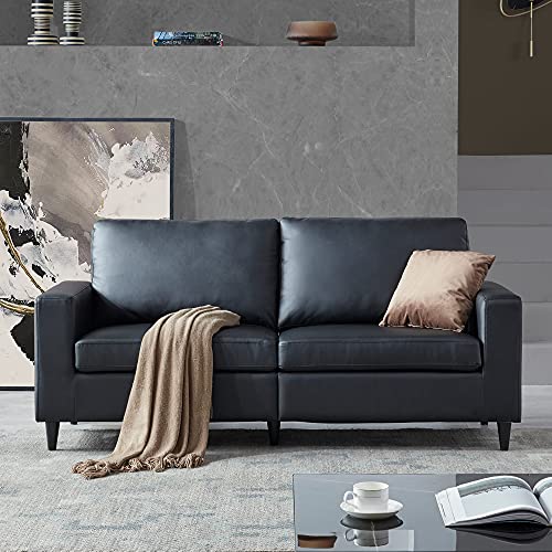 Woanke Modern Style 3 Seat Sofa PU Leather Upholstered Couch Furniture for Home or Office, Solid Frame and Wood Legs, Black