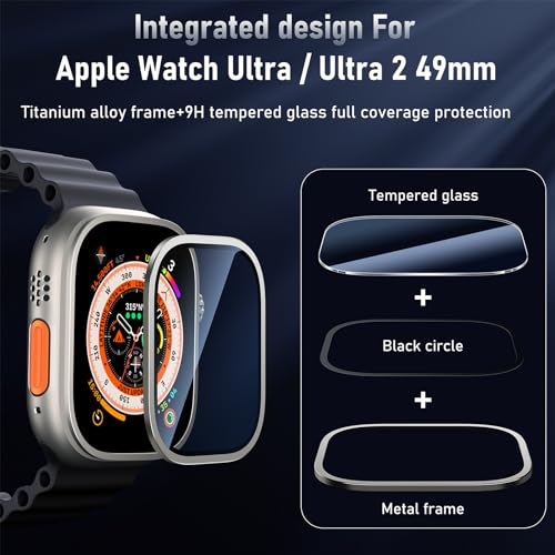 BAZO for Apple Watch Ultra 2 / Ultra Screen Protector 49mm, [2 Pack] Titanium Alloy Frame with 9H Tempered Glass Anti-Scratch HD Waterproof Free Bubble for iWatch Ultra 49mm, Original