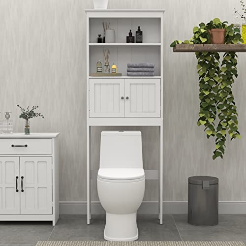 OQSC Bathroom Shelves Over The Toilet Storage Cabinet with 2 Doors Wood Over Toilet Bathroom Organizer Freestanding Above Toilet Rack, White