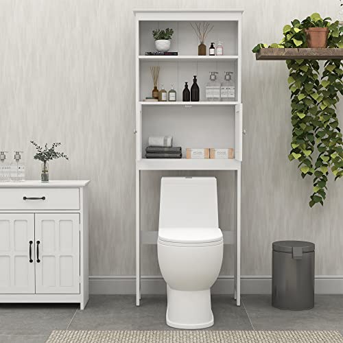 OQSC Bathroom Shelves Over The Toilet Storage Cabinet with 2 Doors Wood Over Toilet Bathroom Organizer Freestanding Above Toilet Rack, White