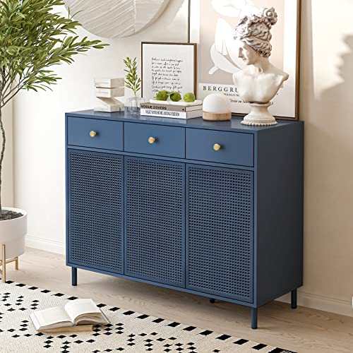 LEVNARY Sideboard Buffet Cabinet, Storage Cabinet with 3 Drawers and 3 Doors, Accent Console Table with Adjustable Shelves, Media Entertainment Center for Kitchen Living Room Entryway (Blue)