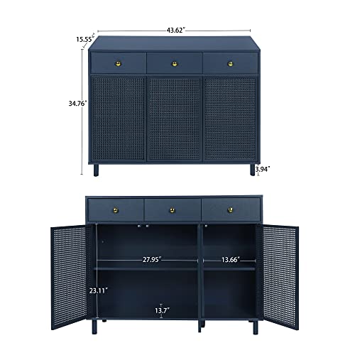 LEVNARY Sideboard Buffet Cabinet, Storage Cabinet with 3 Drawers and 3 Doors, Accent Console Table with Adjustable Shelves, Media Entertainment Center for Kitchen Living Room Entryway (Blue)