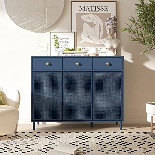 LEVNARY Sideboard Buffet Cabinet, Storage Cabinet with 3 Drawers and 3 Doors, Accent Console Table with Adjustable Shelves, Media Entertainment Center for Kitchen Living Room Entryway (Blue)