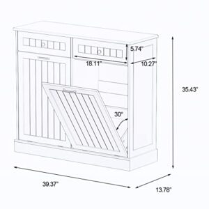 RASOO Double Tilt Out Trash Can Cabinet Freestanding Wooden Kitchen Garbage Can with Solid Wood Tabletop and 2 Drawers