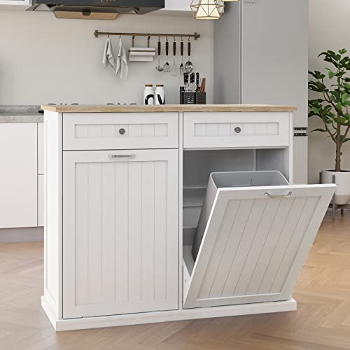 RASOO Double Tilt Out Trash Can Cabinet Freestanding Wooden Kitchen Garbage Can with Solid Wood Tabletop and 2 Drawers