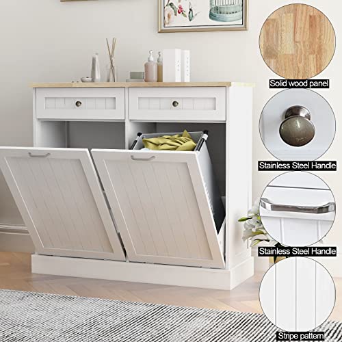 RASOO Double Tilt Out Trash Can Cabinet Freestanding Wooden Kitchen Garbage Can with Solid Wood Tabletop and 2 Drawers