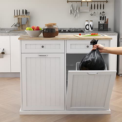 RASOO Double Tilt Out Trash Can Cabinet Freestanding Wooden Kitchen Garbage Can with Solid Wood Tabletop and 2 Drawers