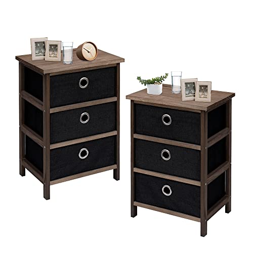 NO MORE TAG Fabric Night Stands Set of 2, Nightstands with 3 Fabric Drawers, 2 Fabric Dressers, Bedside Tables for Small Place, Bedroom, Wood Top&Easy Pull Fabric Bins, Brown & Black