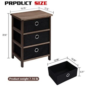 NO MORE TAG Fabric Night Stands Set of 2, Nightstands with 3 Fabric Drawers, 2 Fabric Dressers, Bedside Tables for Small Place, Bedroom, Wood Top&Easy Pull Fabric Bins, Brown & Black