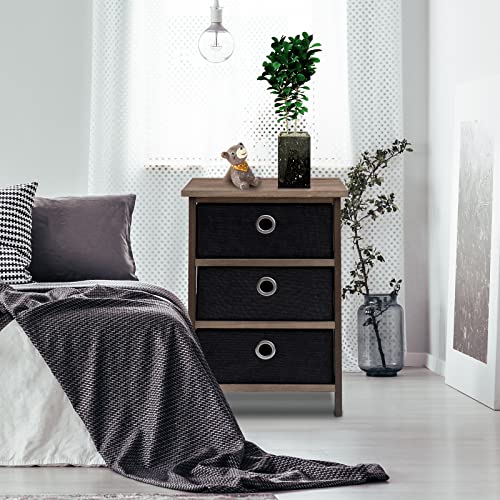 NO MORE TAG Fabric Night Stands Set of 2, Nightstands with 3 Fabric Drawers, 2 Fabric Dressers, Bedside Tables for Small Place, Bedroom, Wood Top&Easy Pull Fabric Bins, Brown & Black