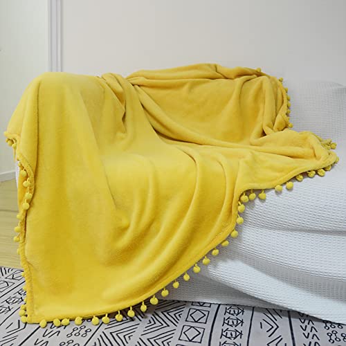 Boho Throw Blanket for Sofa, Gold Throw Blanket with Pompom, Mustard Yellow Cozy Blanket with Fringe, Lightweight Plush Blanket for Couch 51 * 63 Inches