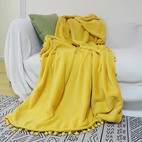 Boho Throw Blanket for Sofa, Gold Throw Blanket with Pompom, Mustard Yellow Cozy Blanket with Fringe, Lightweight Plush Blanket for Couch 51 * 63 Inches